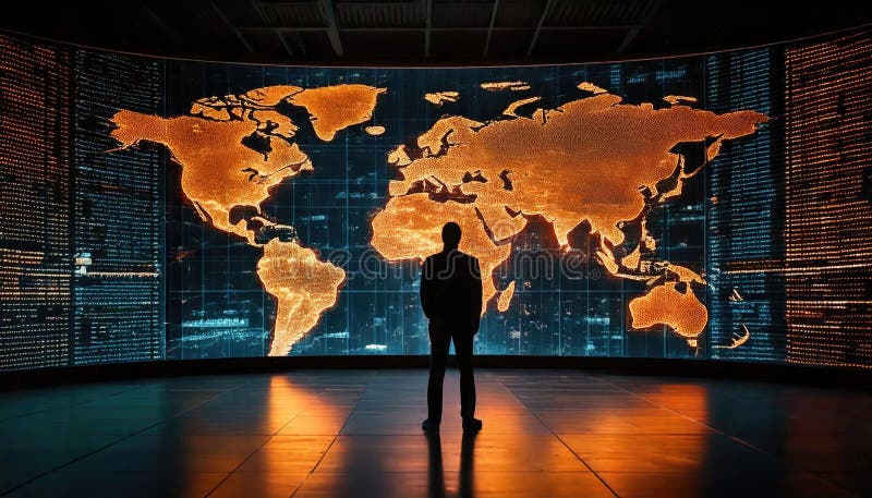 A Silhouette of a Man in Front of a Glowing World Map Display with ...