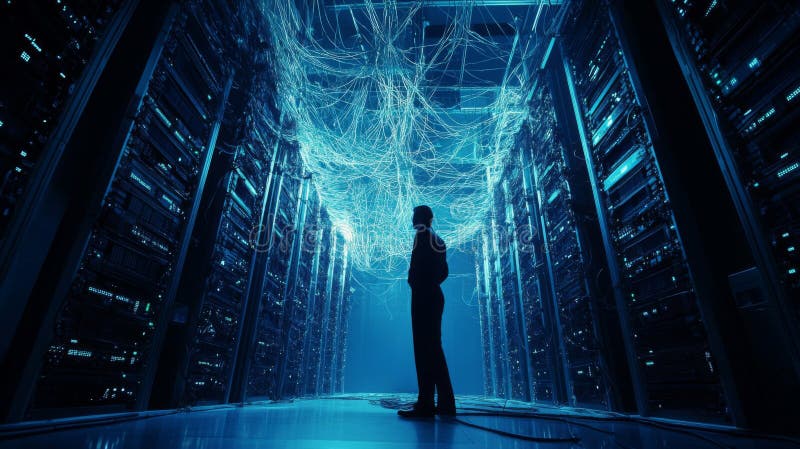 Silhouette of Man in a Futuristic Blue Data Center Stock Illustration ...
