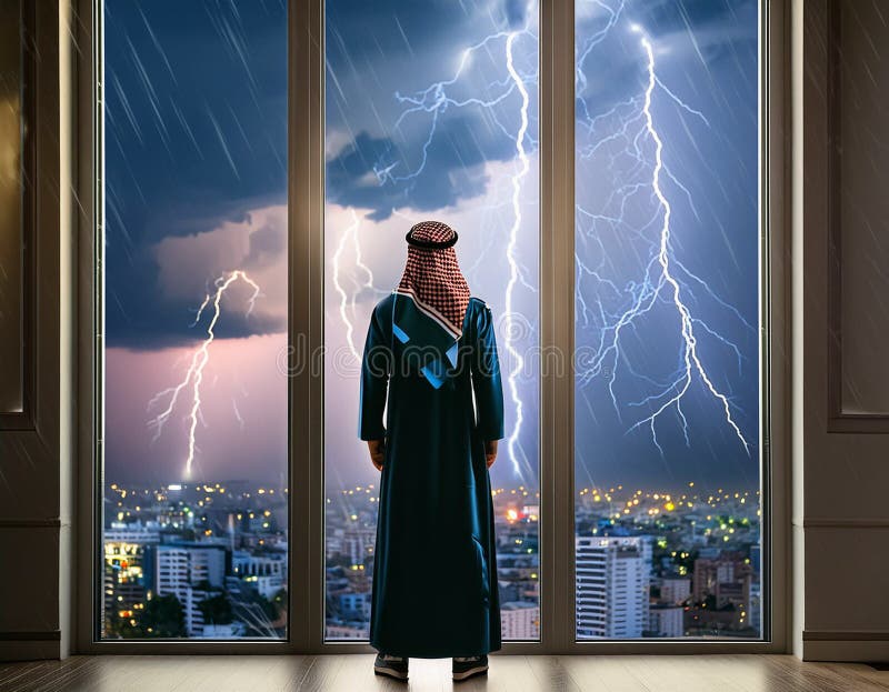 Silhouette of Man Gazing at Thunderstorm through Window Stock Photo ...