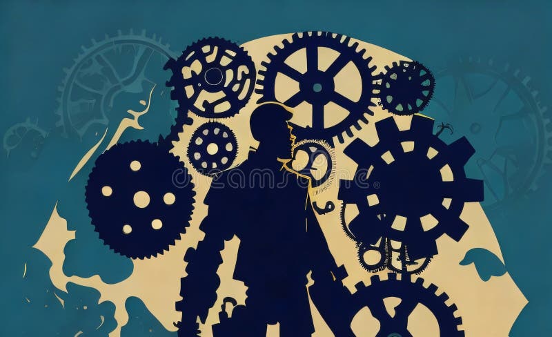 Silhouette of a Man with Gears and Mechanic Background Stock Photo ...