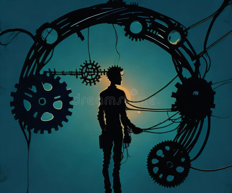 Silhouette of a Man with Gears and Mechanic Background Stock Photo ...