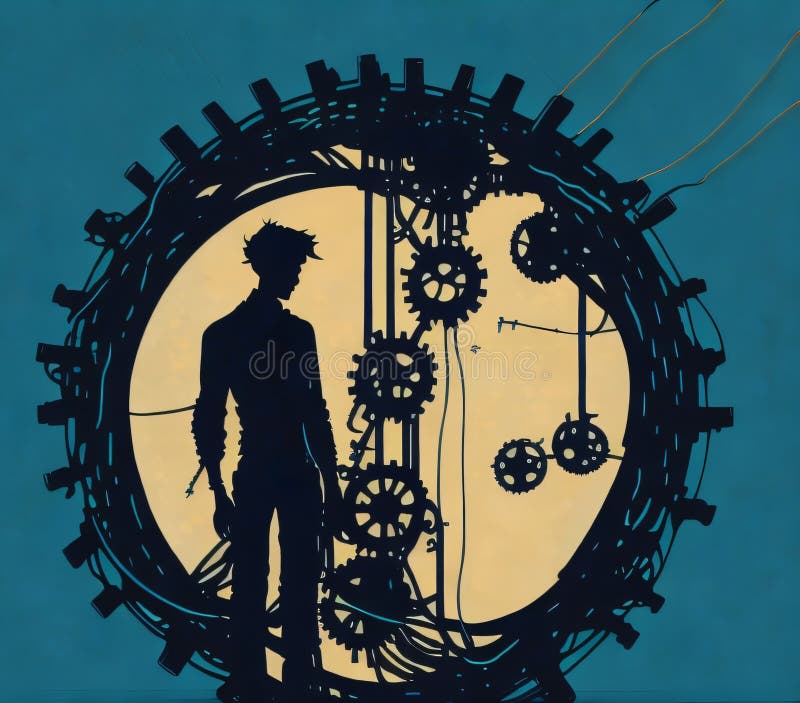 Silhouette of a Man with Gears and Mechanic Background Stock Photo ...