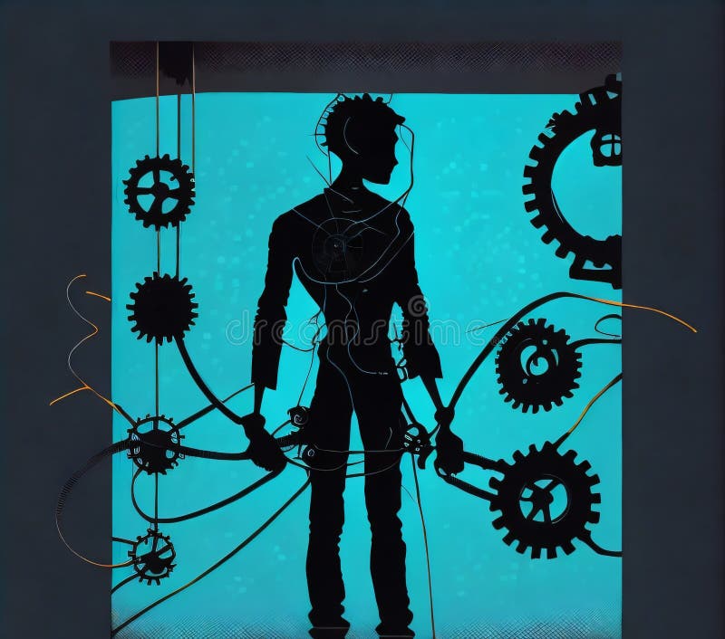 Silhouette of a Man with Gears and Mechanic Background Stock Photo ...