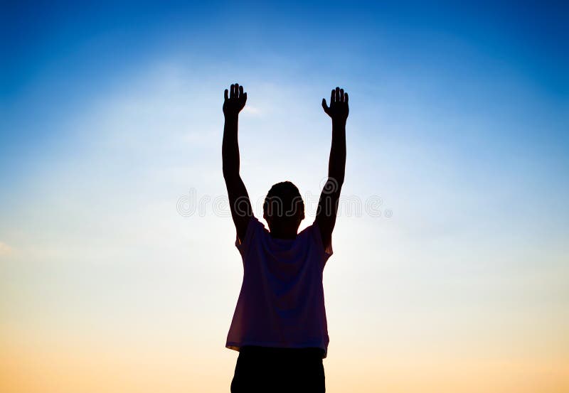Man Silhouette with Hands Up Stock Photo - Image of delight, back ...
