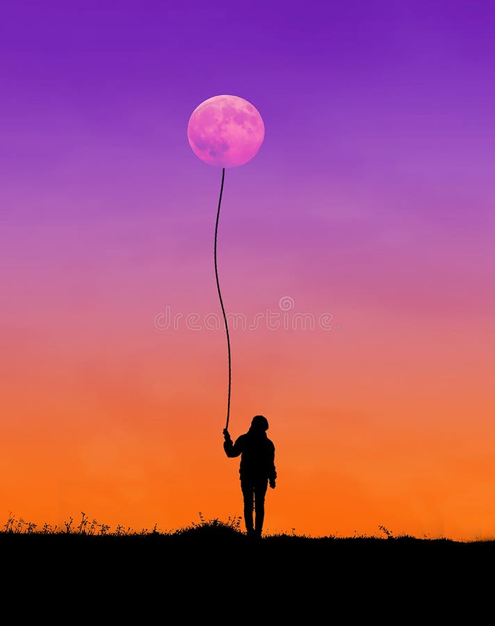 Silhouette Of Man Holding String Connected To Moon Picture. Image ...