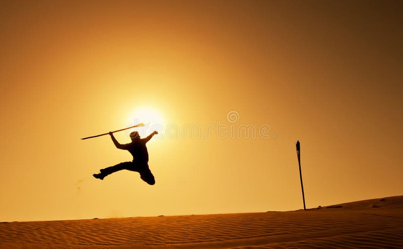 Silhouette of a Man Jumping with Arrow in Hand Stock Image - Image of ...