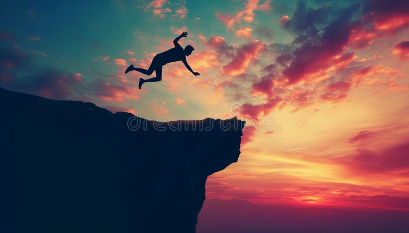 Silhouette Man Jumping from Cliff Stock Illustration - Illustration of ...