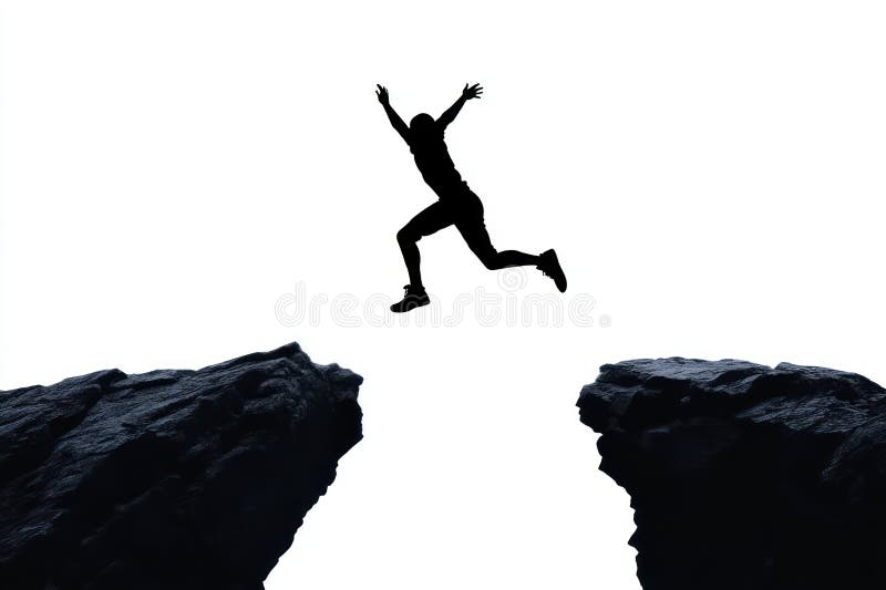 Silhouette of Man Jumping between Cliffs Symbolizing Risk Stock Image ...