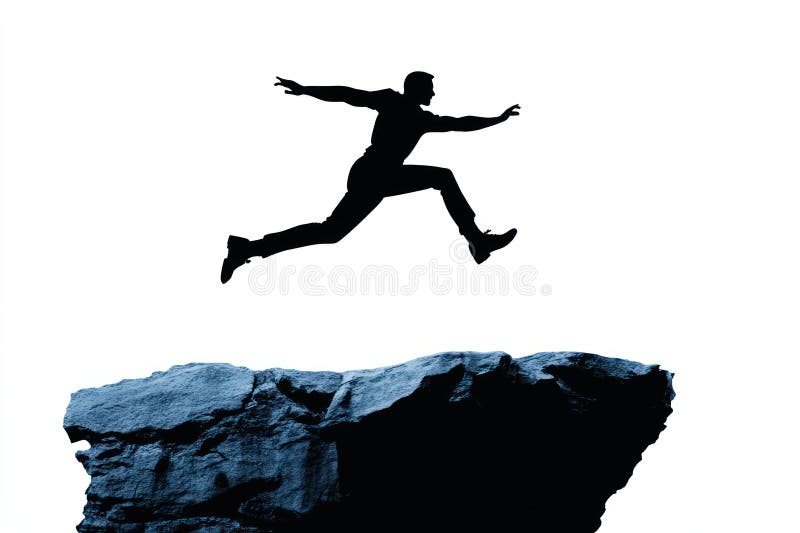 Silhouette of Man Jumping between Cliffs Symbolizing Risk Stock Photo ...