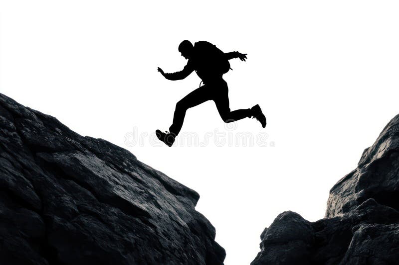 Silhouette of Man Jumping between Cliffs Symbolizing Risk Stock Photo ...