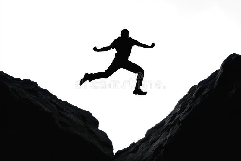Silhouette of Man Jumping between Cliffs Symbolizing Risk Stock Image ...