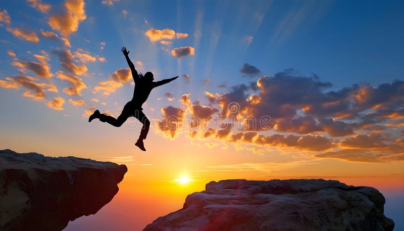 Silhouette Man Jumping Over Cliffs for I Can Do it , Good Mindset by ...