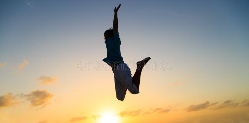 Silhouette of Man Jumping at Sunset Sky Stock Photo - Image of nature ...
