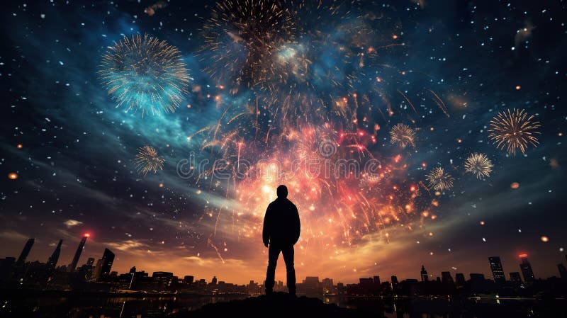 Silhouette of a Man Looking at Fireworks in the City. Generative AI ...