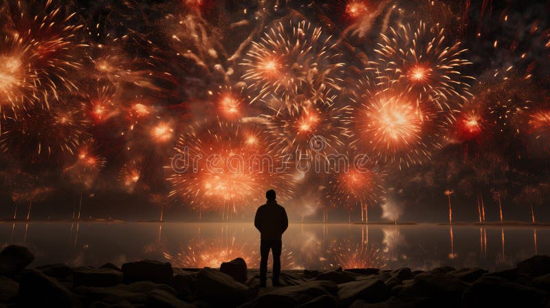Silhouette of a Man Looking at Fireworks in the Night Sky Stock ...