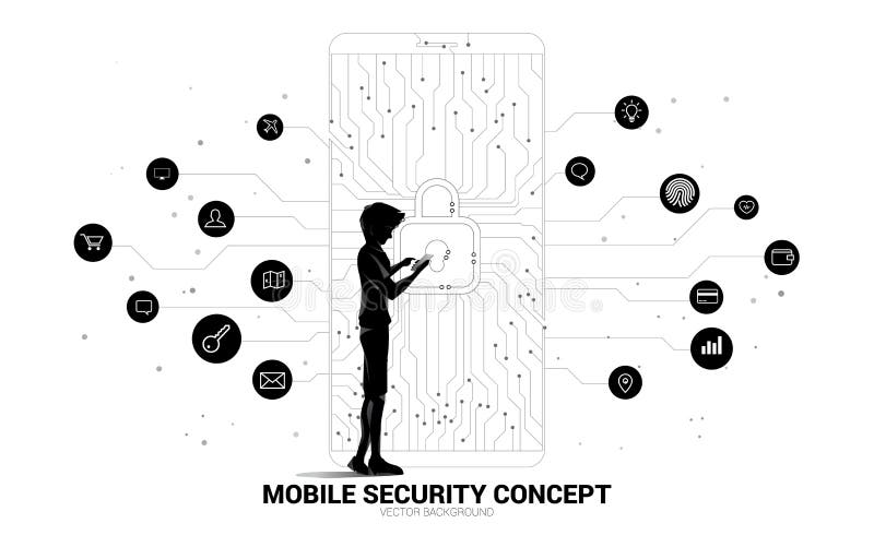 Silhouette Man with Mobile Phone Standing with Lock from Dot Connect ...