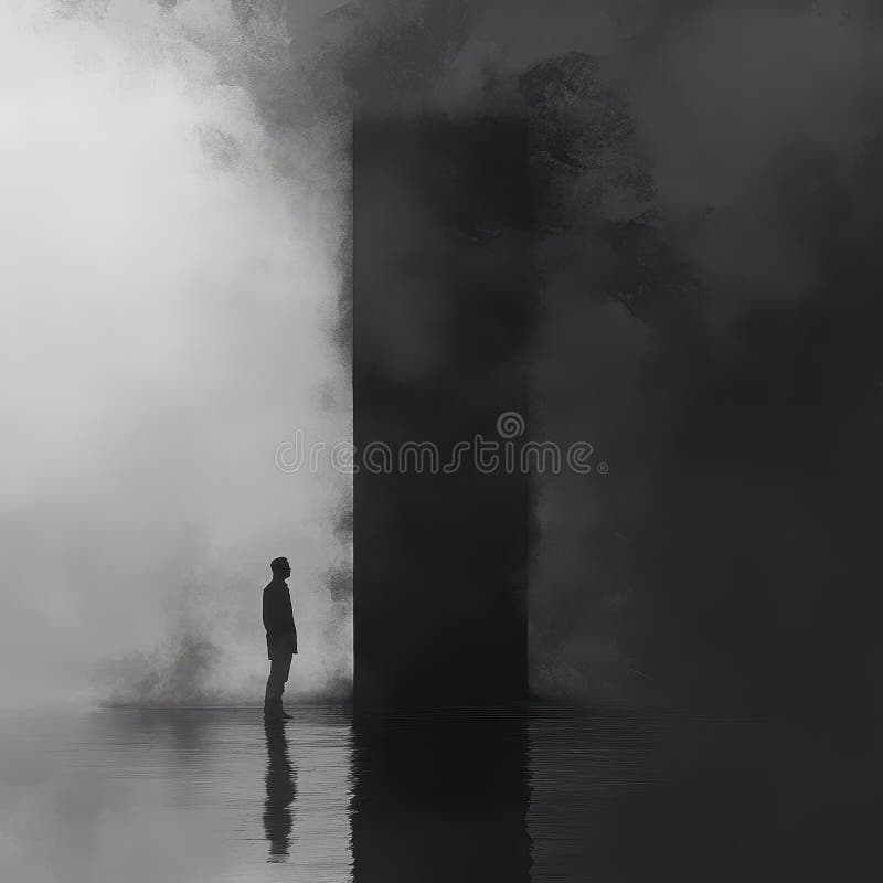 Silhouette of a Man by Monolithic Structure in Fog Stock Image - Image ...