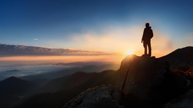 A Man Stands on a High Mountain. Silhouette of a Man on the Top of a ...