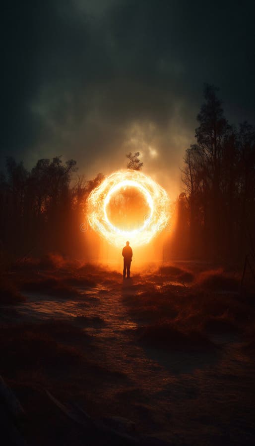 Silhouette of a Man Near a Mystical Glowing Fire Circle in a Dark ...