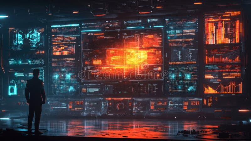 Silhouette of Man Observing Futuristic Orange and Blue Digital ...