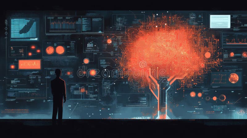 Silhouette of Man Observing Glowing Digital Tree on Futuristic ...