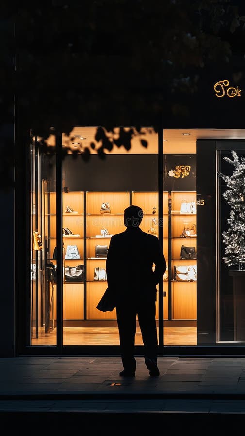 Silhouette of a Man Observing Illuminated Luxury Storefront Display ...