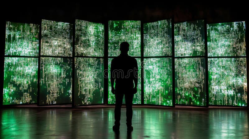 Silhouette of a Man Observing a Large Green Digital Art Installation ...