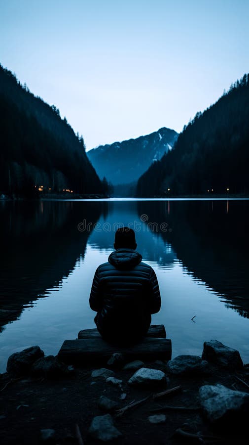 Silhouette of a Man Observing Nature, Secluded in Solitude. Stock ...