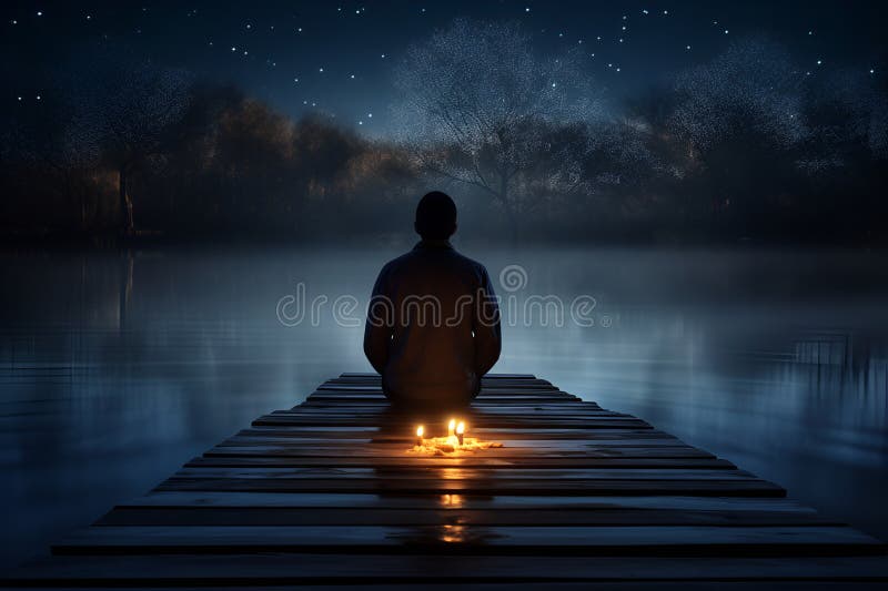 Silhouette of a Man Observing Nature, Secluded in Solitude. Stock ...