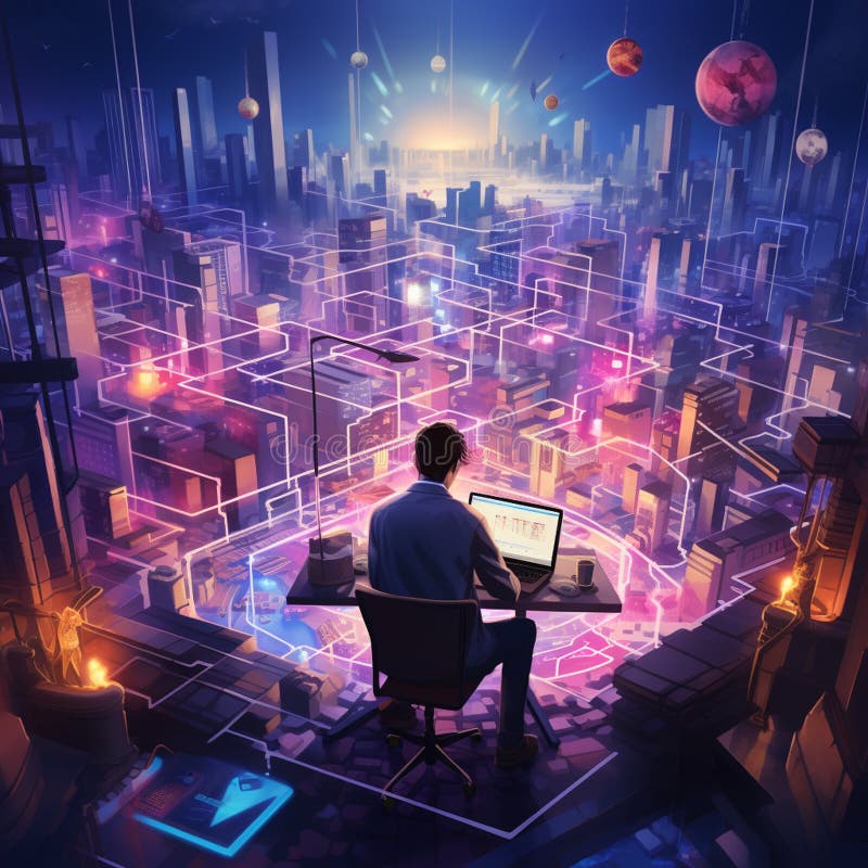 Silhouette of a Man in an Office Working with a Virtual Interface. 3D ...