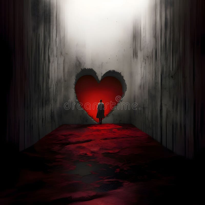 Silhouette of a Man in Passing through a Large Red Heart in the Wall ...