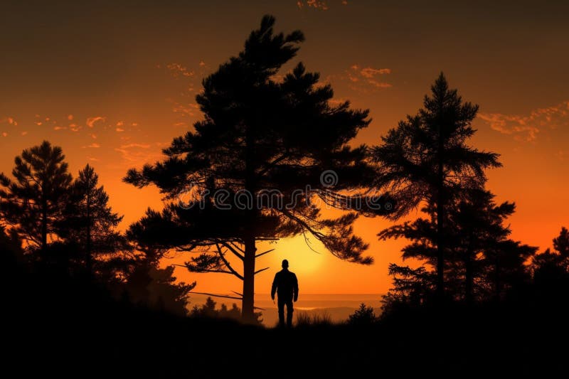 Silhouette of a Man and a Pine Tree in the Sunset Stock Illustration ...
