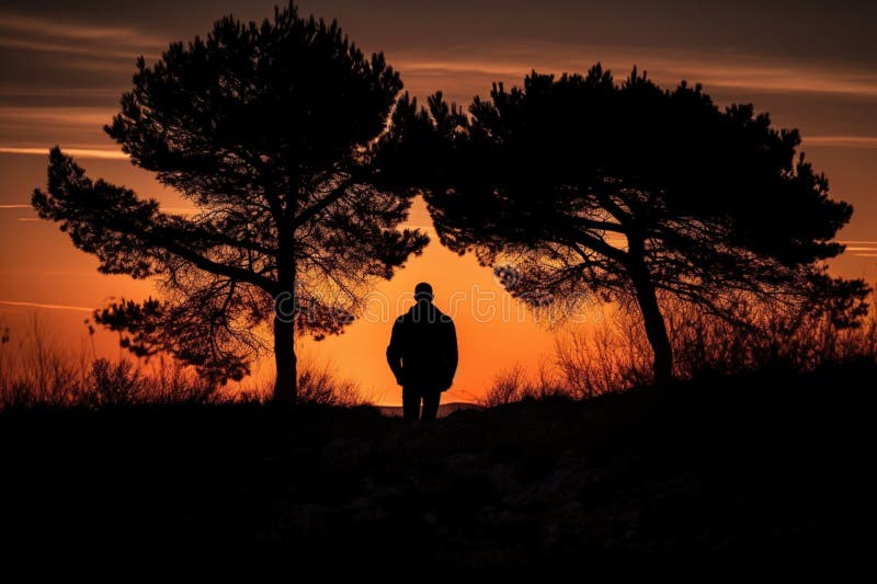 Silhouette of a Man and a Pine Tree in the Sunset Stock Illustration ...