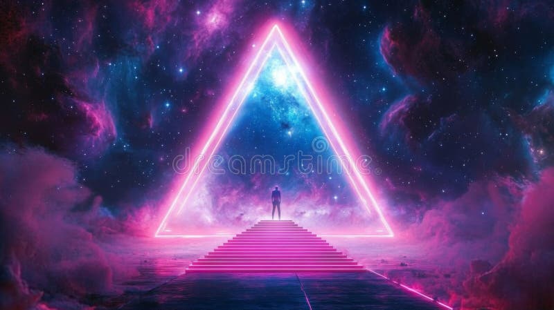 Silhouette of a Man on Pink Neon Steps before a Cosmic Triangle Stock ...