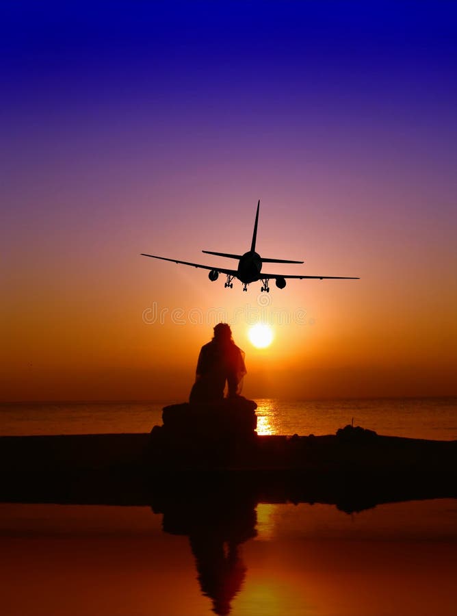 Silhouette of the Man and Plane Stock Illustration - Illustration of ...