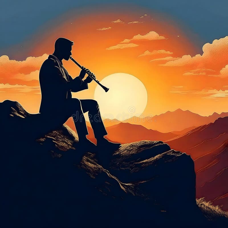 Silhouette of a Man Playing Flute Watching the Sunset. Stock ...