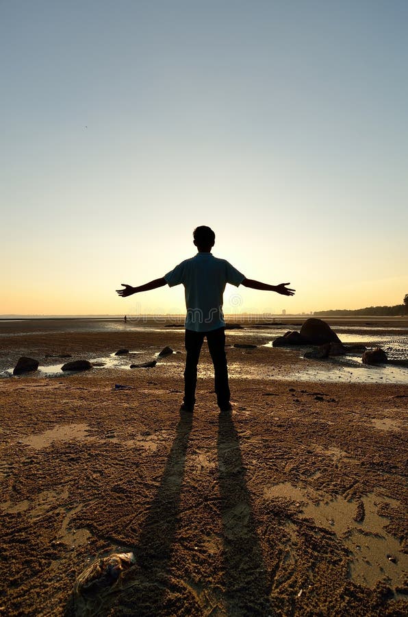 Silhouette of Man Raising His Hands or Open Arms Stock Image - Image of ...