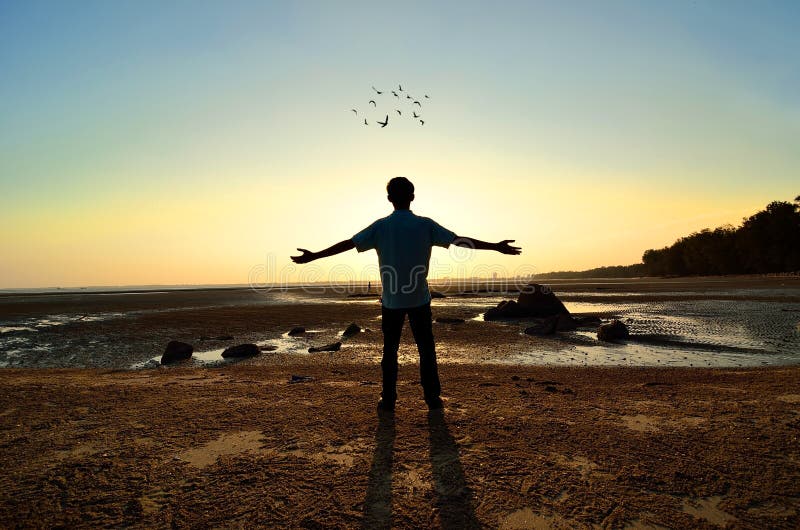 Silhouette Of Man Raising His Hands Or Open Arms Stock Image - Image of ...
