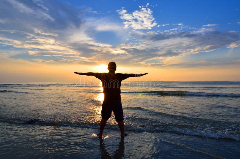 Silhouette of Man Raising His Hands or Open Arms Stock Image - Image of ...