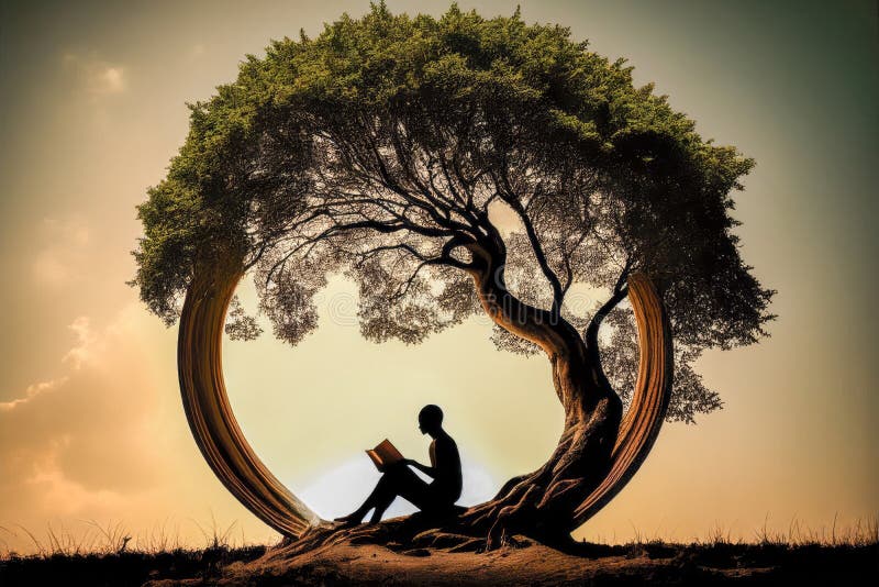 Silhouette of a Man Reading, Surrounded by a Tree, Protected by Nature ...