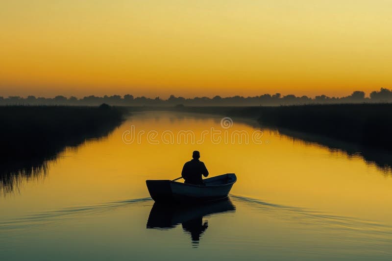 Silhouette of Man Rowing Boat on Calm River during Tranquil Sunrise ...