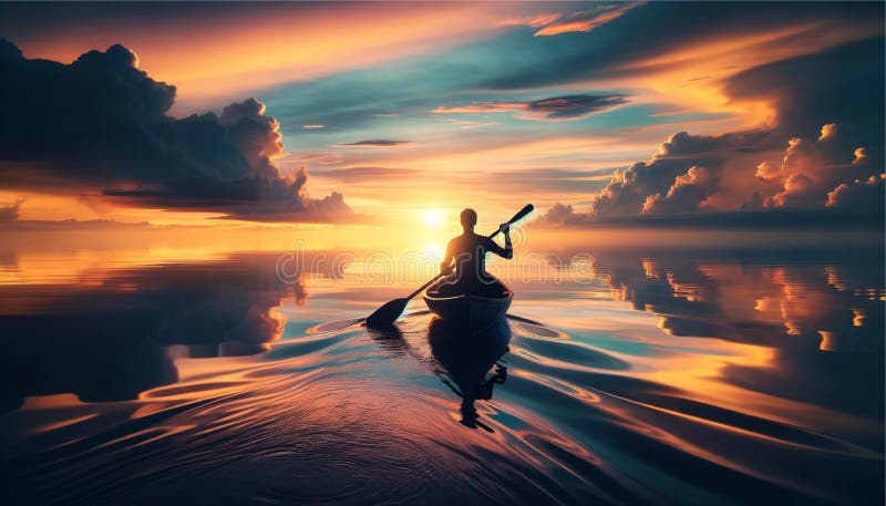 Silhouette of a Man Rowing Boat at Sunset Stock Illustration ...