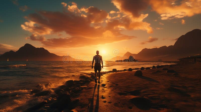 Silhouette Man Running Alone at Beautiful Sunset in Beach Stock ...