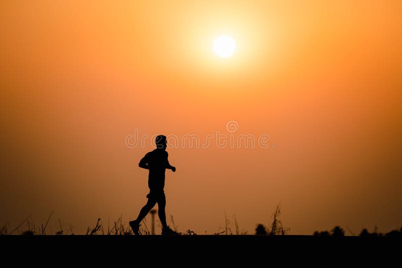 Silhouette Man Running On Sunset Background Stock Image - Image of ...
