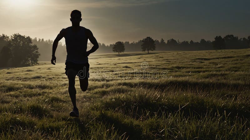 Silhouette of a Man Running through a Sunlit Field with Trees in the ...
