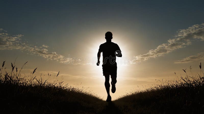 Silhouette of a Man Running Toward the Sunrise on a Path Surrounded by ...