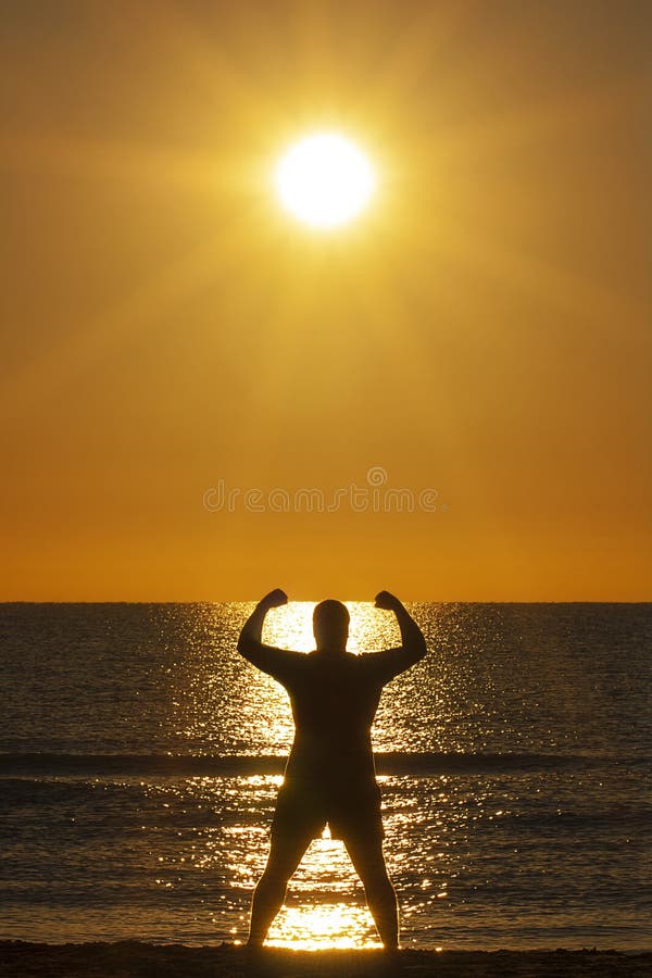 Silhouette Man Rising Arms Sea Sun Triumph Stock Image - Image of ...