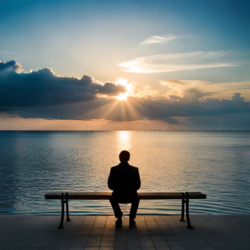 Silhouette of Man Sitting on Bench Looking Over Water at Sunset Stock ...