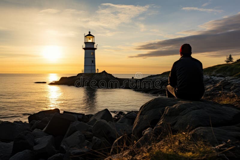 Silhouette of a Man Sitting and Looking at the Lighthouse Stock Image - Image of harbor, beach ...