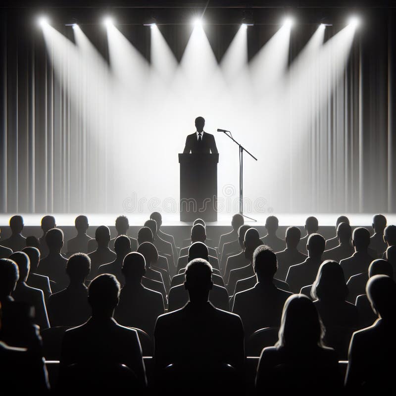 Silhouette of a Man Speaking from a Stage in Front of an Audience ...